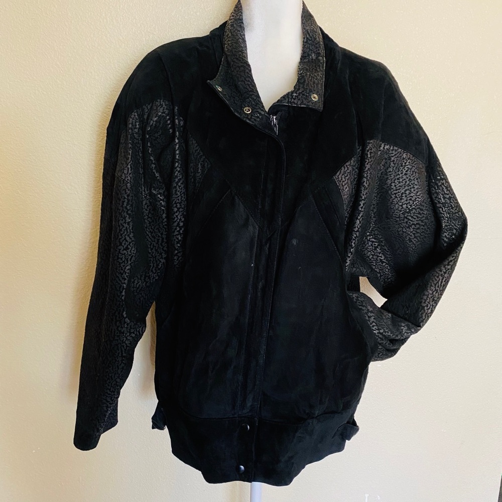 80s Batwing Padded Black Leather Moto Jacket Biker Re… - Gem